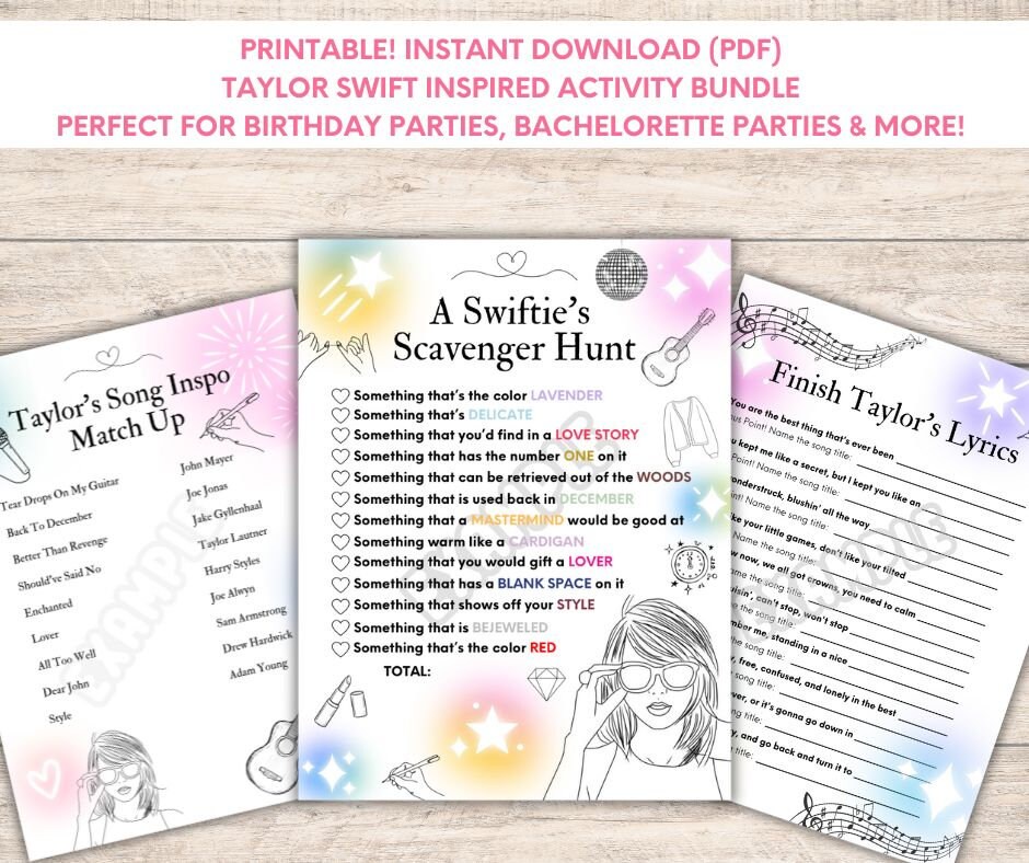 Swiftie Party Games Bundle - Taylor Swift Inspired Activities - Scavenger Hunt - Finish the ...