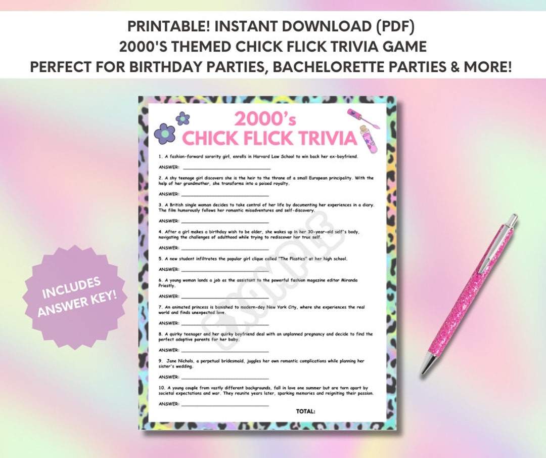 2000’s Chick Flick Trivia Game - Y2K Party Theme Activity - Fun for ...