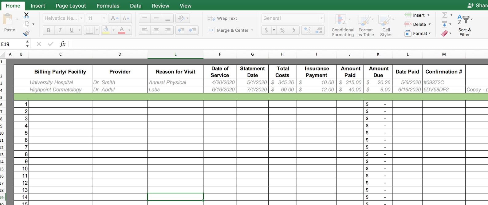 Medical Expense Tracker Chart editable Excel Document for - Etsy