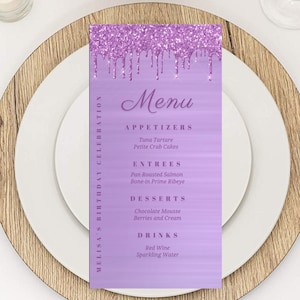 Editable Purple Menu Template, Purple Glitter Drip Menu Card, Birthday ...