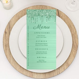 Editable Mint Green Menu Card Template, Mint Green Glitter Drip Menu ...