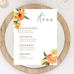 Editable Orange and Yellow Floral Menu Cards Template, Floral Menu Card ...