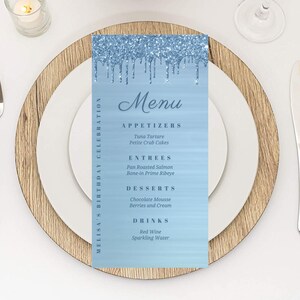 Editable Blue Menu Card Template, Blue Glitter Drip Menu Cards ...