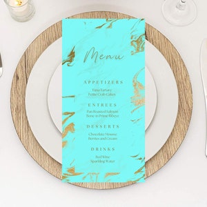 Editable Aqua Blue and Gold Menu Card Template, Marble Design, Luxury ...