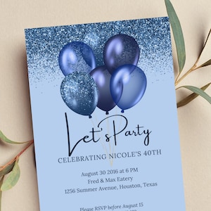 Editable Blue Birthday Invitation, Let's Party Blue Balloons Invite ...
