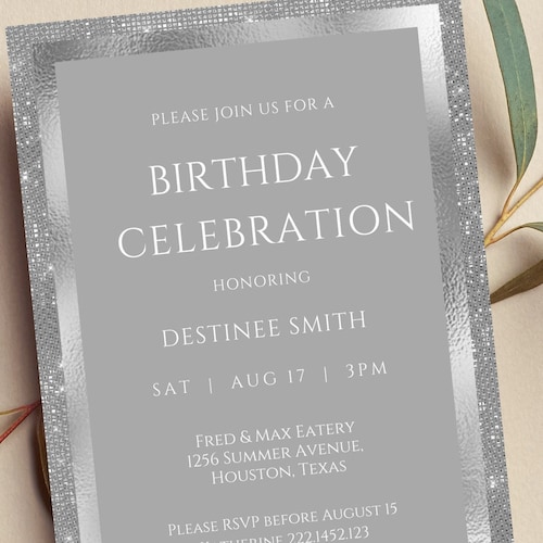 Editable Silver Birthday Celebration Invitation Silver - Etsy