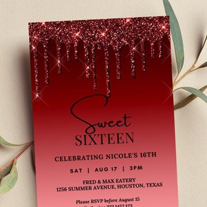 Editable Sweet 16 Birthday Invitation, Red and Black, Red Dripping ...