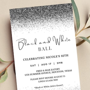 Editable Black and White Ball Invitation, Black Glitter, Print or Text ...