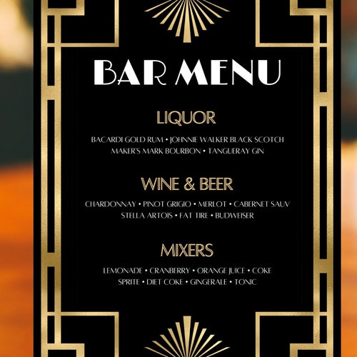 Editable Gatsby Bar Menu Card Template Roaring 20s Bar Menu - Etsy