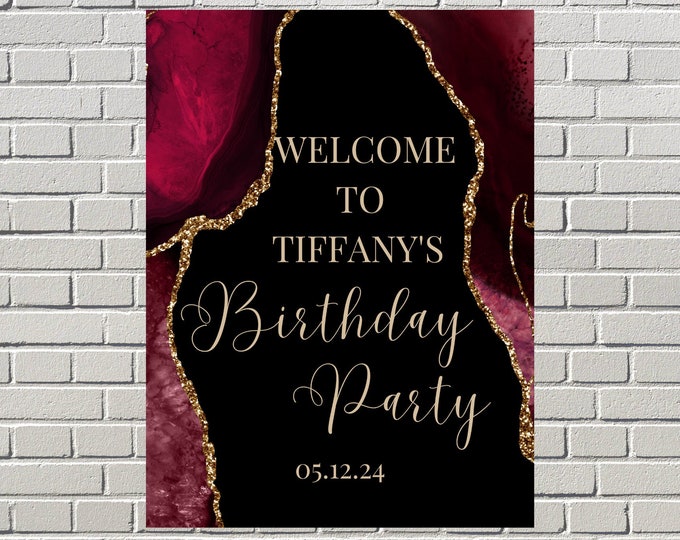 Burgundy Floral Birthday Welcome Sign, Birthday Welcome Poster ...