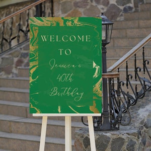 Editable Green and Gold Birthday Welcome Sign, Marble, Luxury, Welcome ...
