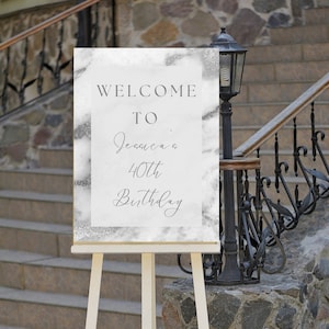 Editable White and Silver Birthday Welcome Sign, Marble, Luxury ...