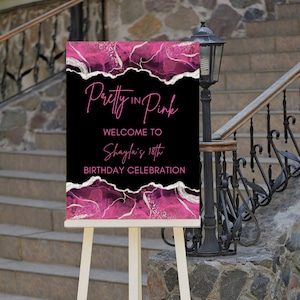 Editable Pretty in Pink Birthday Welcome Sign, Pink, Silver and Black ...