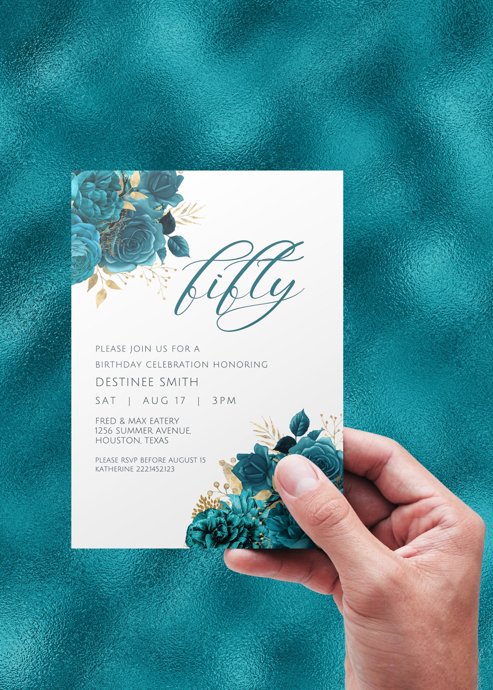 Editable Teal and Gold Floral Invitation, Teal and Gold Flowers ...