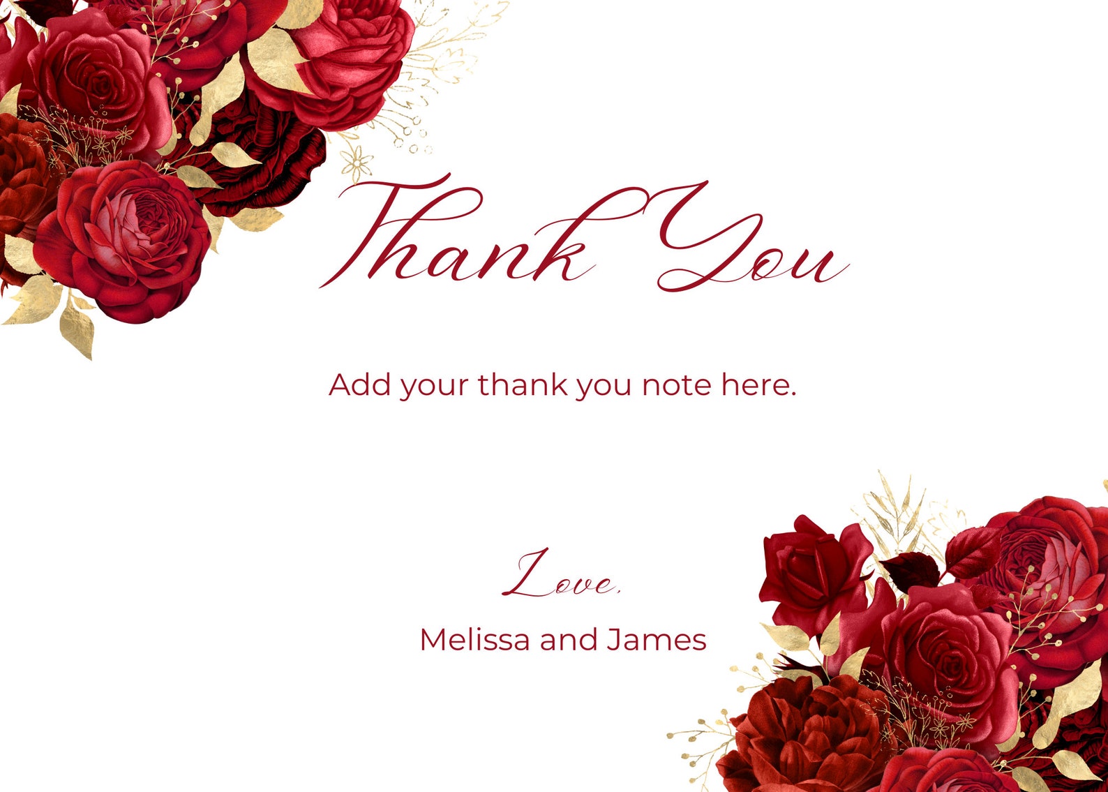 Printable Thank You Card Red and Gold Floral Thank You Note - Etsy