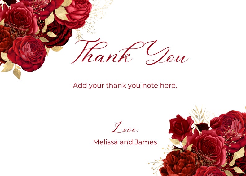 Printable Thank You Card Red and Gold Floral Thank You Note - Etsy