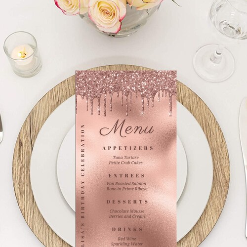 Editable Rose Gold Menu Card Template Rose Gold Glitter Drip - Etsy