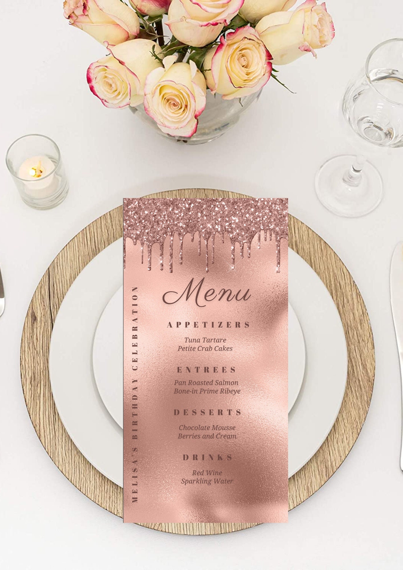 Editable Rose Gold Menu Card Template, Rose Gold Glitter Drip Menu Card ...