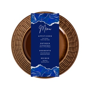 Editable Menu Card Template, Royal Blue and Silver, Birthday, Dinner ...