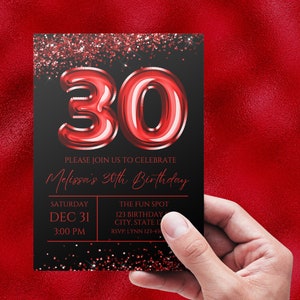 Editable 30th Birthday Invitation, Red and Black Invitation, Red 30 ...