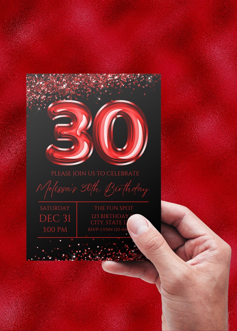 Editable 30th Birthday Invitation, Red and Black Invitation, Red 30 ...