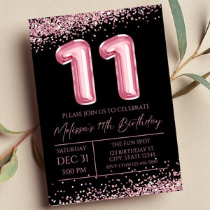 Editable 11th Birthday Invitation, Pink and Black Invitation, Pink 11 ...