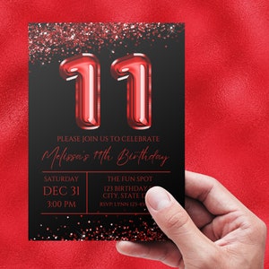 Editable 11th Birthday Invitation, Red and Black Invitation, Red 11 ...