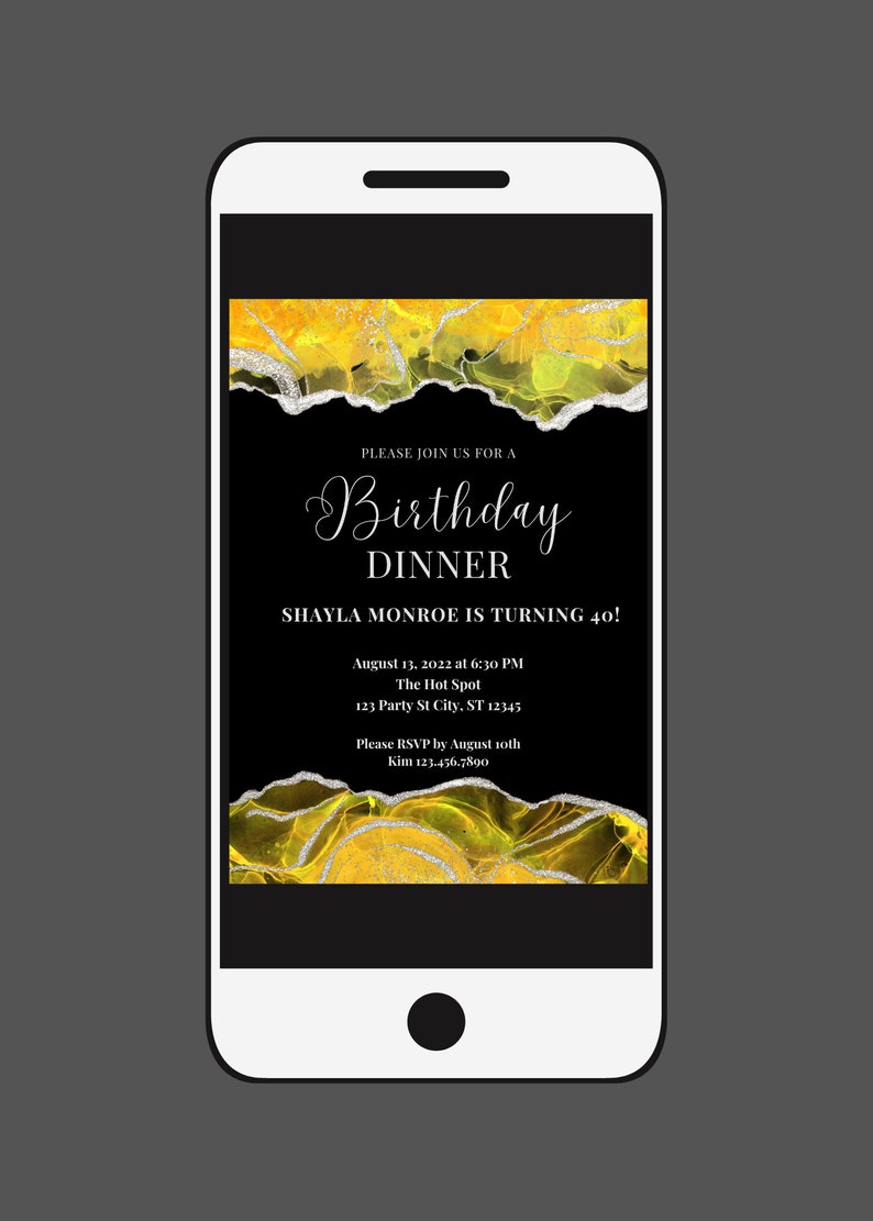 Editable Yellow and Black Invitation Agate Birthday Dinner - Etsy