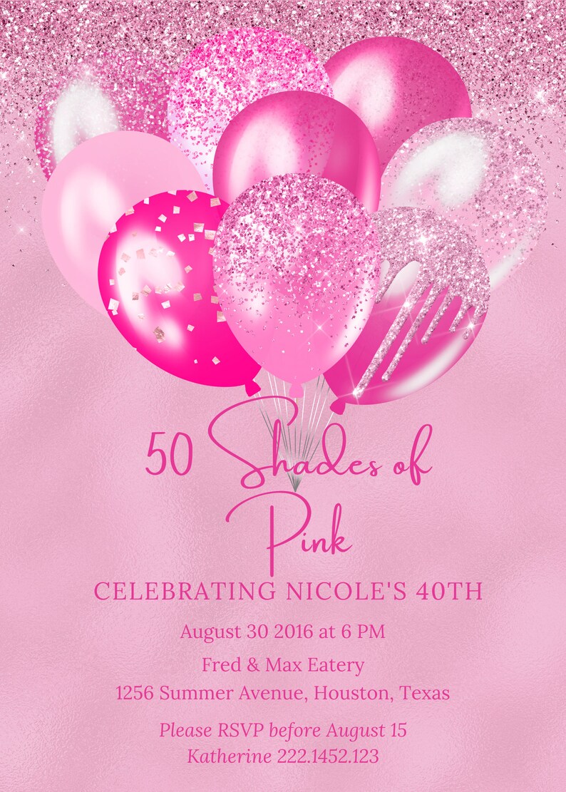 Editable Shades of Pink Birthday Invitation, Pink Invite, Pink Balloons ...