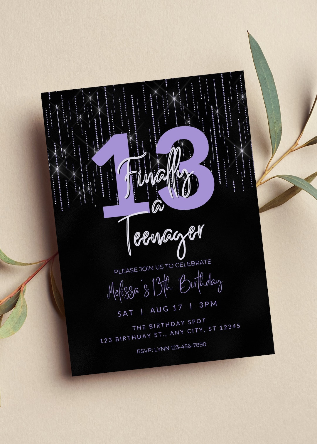 Editable 13th Birthday Invitation, Finally a Teenager, Purple and Black ...