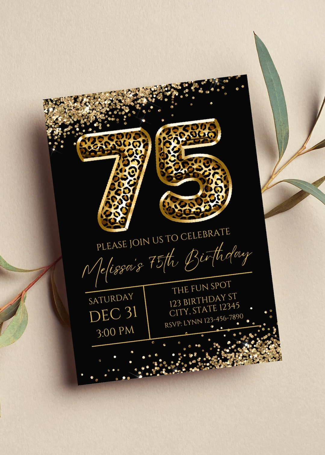 Editable 75th Birthday Invitation, Leopard Print, Black and Gold ...