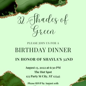 Editable Shades of Green Invitation, Green and Gold, Birthday Dinner ...