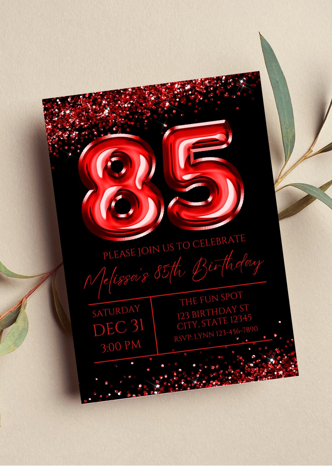 Editable 85th Birthday Invitation, Red and Black Invitation, Red 85 ...