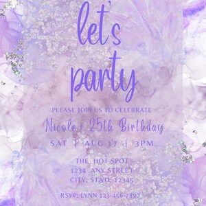 Editable Let's Party Invitation, Purple Birthday Invite, Glam, Lavender ...