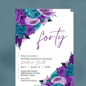 Editable Teal and Purple Birthday Invitation, Floral, Printable or ...