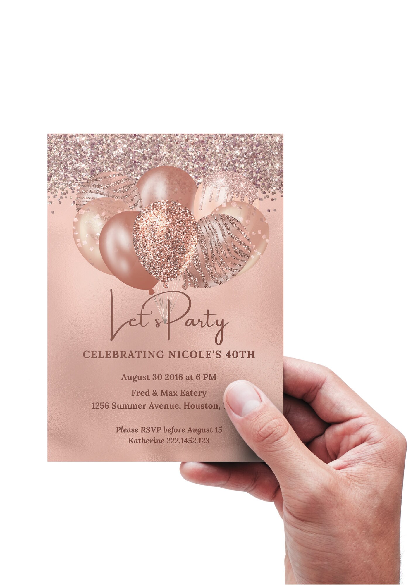 Editable Rose Gold Birthday Invitation, Let's Party Rose Gold Balloons ...