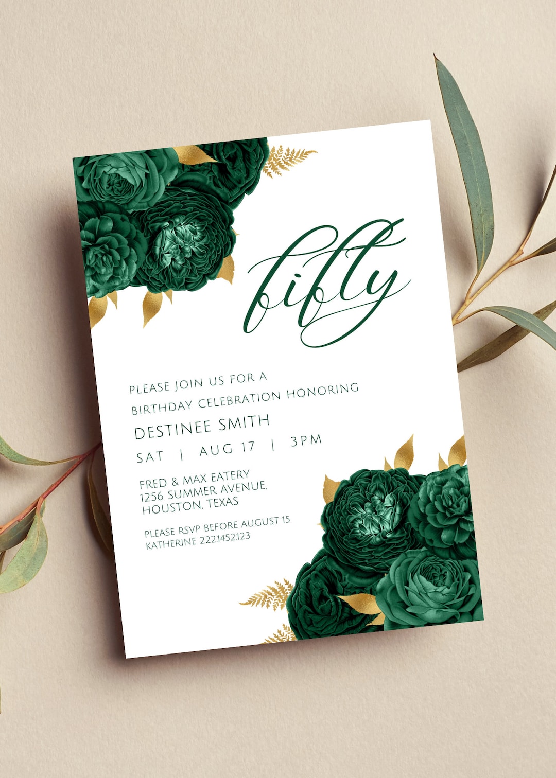 Editable Emerald Green and Gold Floral Invitation, Emerald Green and ...