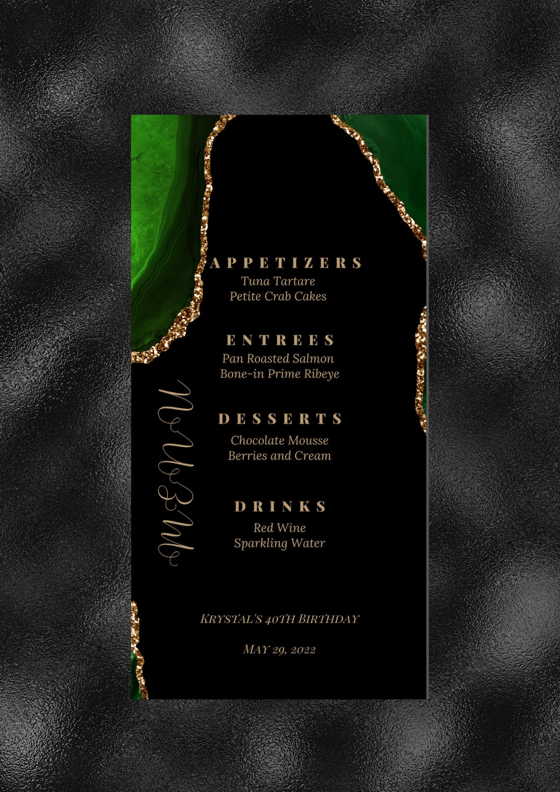 Editable Birthday Party Menu Card Template, Green, Black and Gold Agate ...