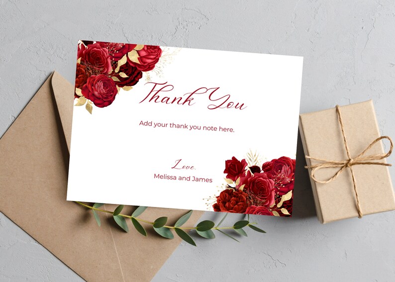 Printable Thank You Card Red and Gold Floral Thank You Note - Etsy