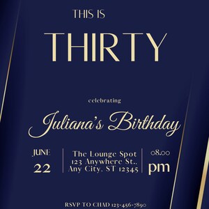 30th Birthday Invitation, Blue and Gold Birthday Invite, Editable ...