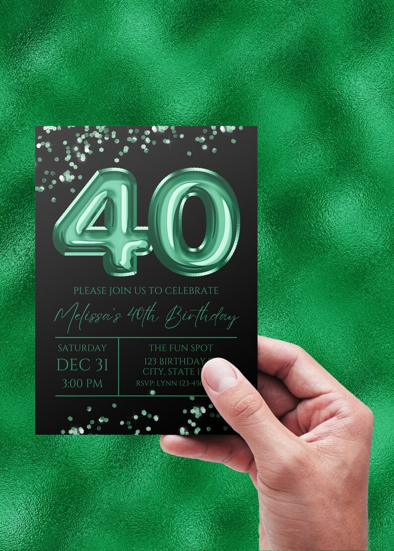 Editable 40th Birthday Invitation, Green and Black Invitation, Green 40 ...