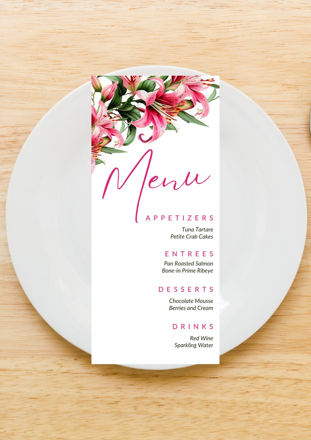 Editable Menu Card Template, Pink Floral Menu Cards, Birthday, Dinner ...