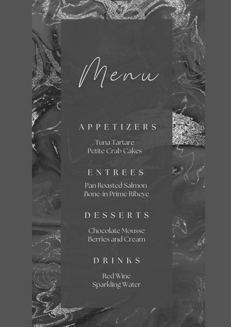Editable Black and Silver Menu Card Template Marble Design - Etsy