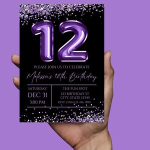 Editable 12th Birthday Invitation, Purple and Black Invitation, Purple ...