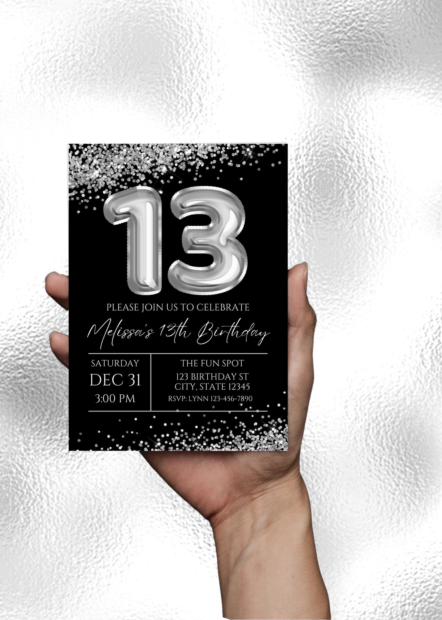 Editable 13th Birthday Invitation, Silver and Black Invitation, Silver ...
