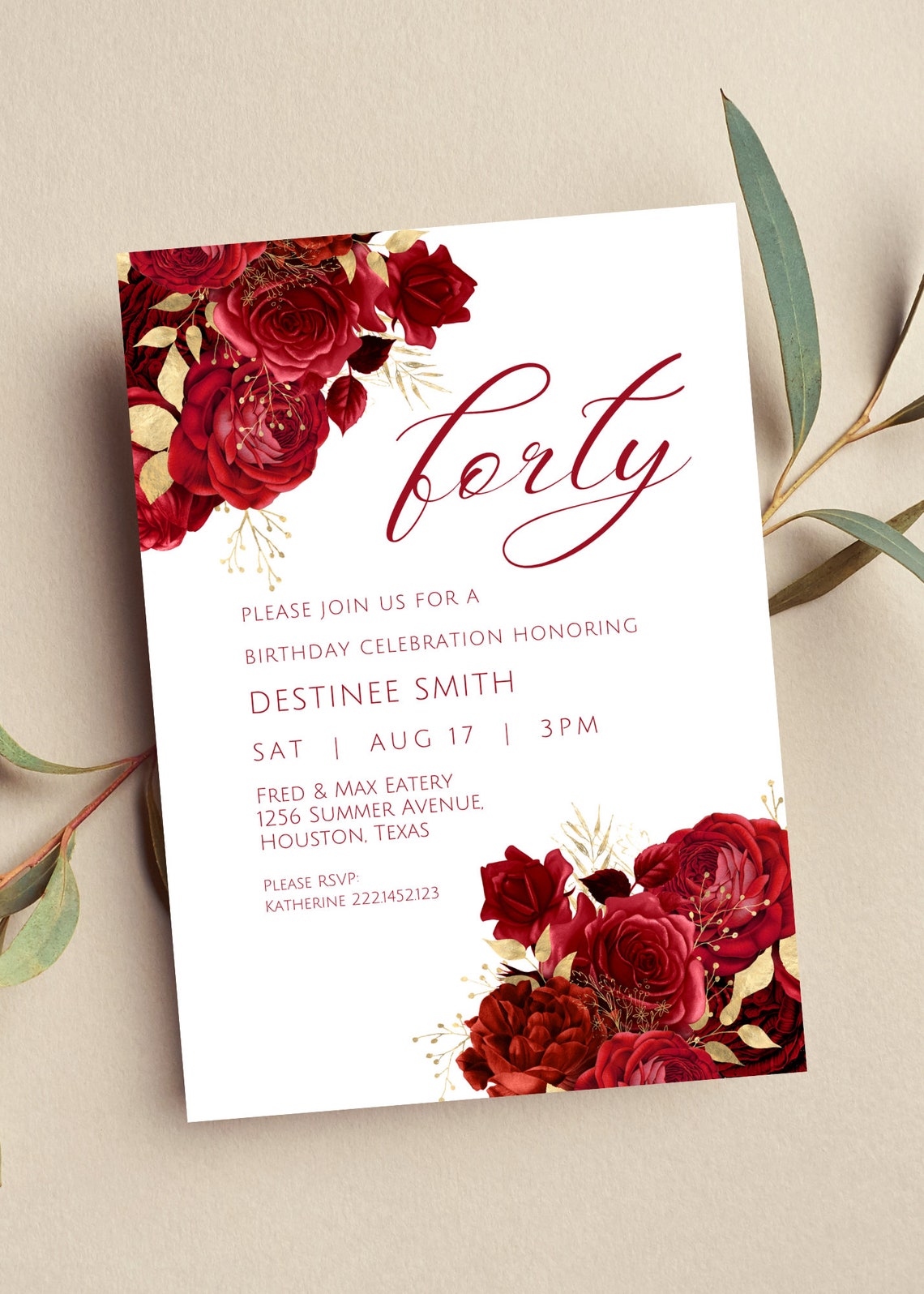 Editable Red and Gold Floral Invitation, Red and Gold Flowers, Birthday ...