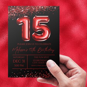 Editable 15th Birthday Invitation, Red and Black Invitation, Red 15 ...