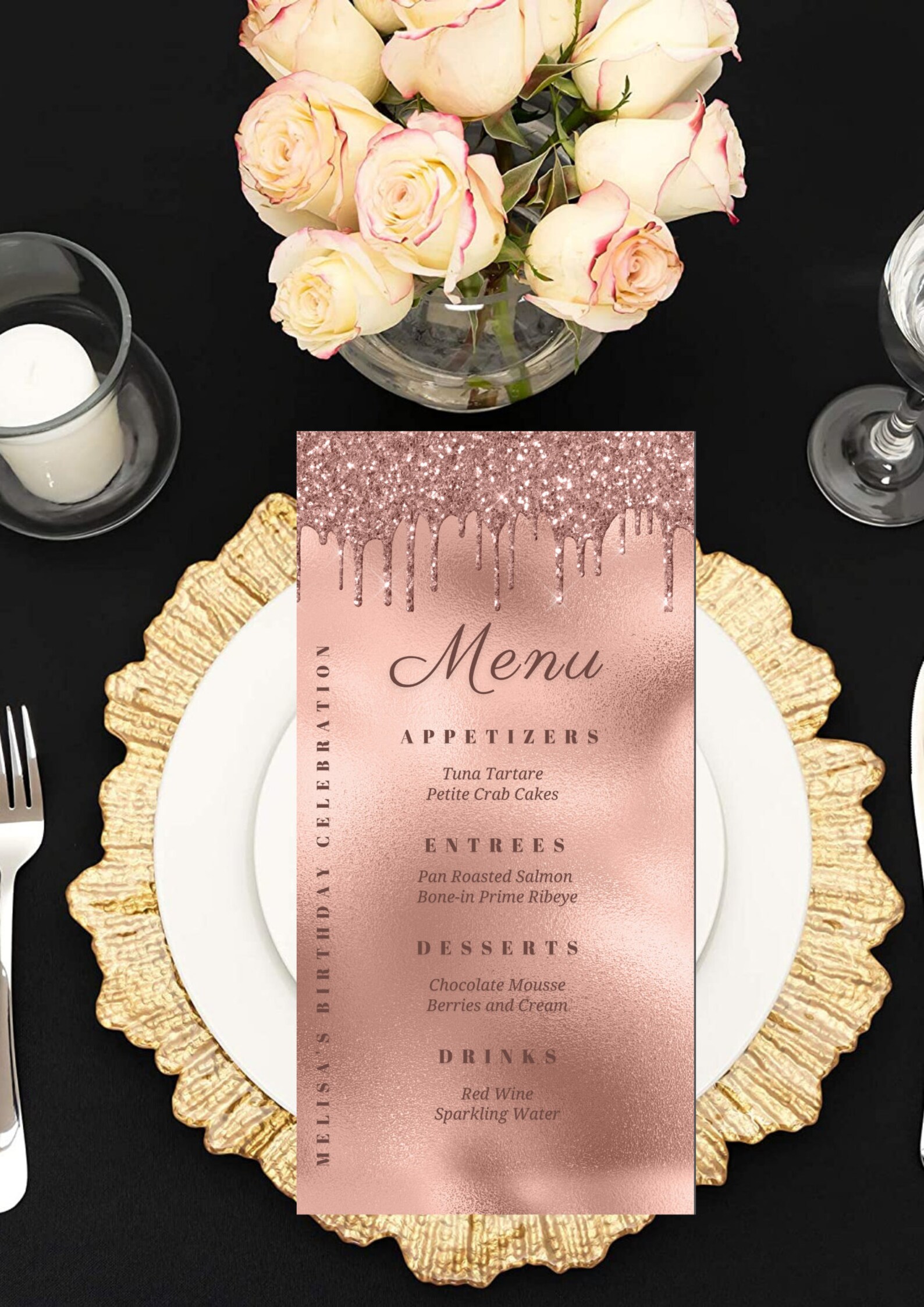 Editable Rose Gold Menu Card Template, Rose Gold Glitter Drip Menu Card ...