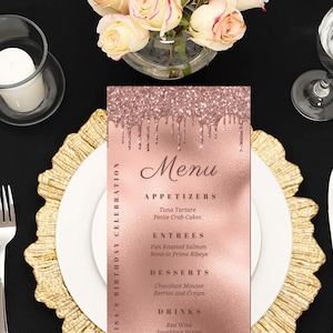 Editable Rose Gold Menu Card Template, Rose Gold Glitter Drip Menu Card ...
