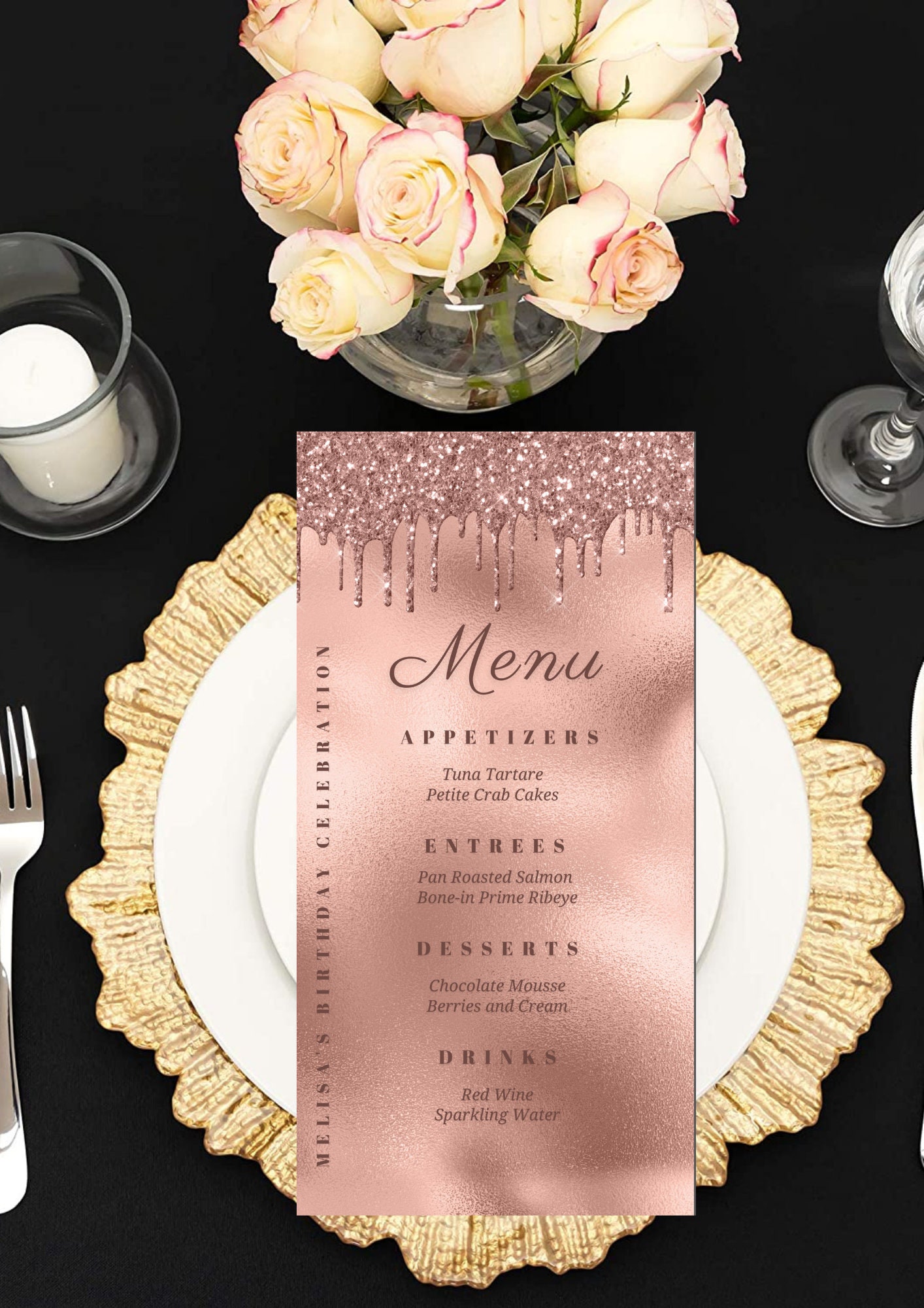 Editable Rose Gold Menu Card Template Rose Gold Glitter Drip - Etsy
